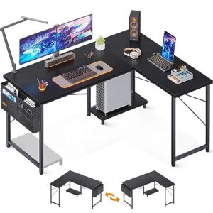 odk l shaped desk with storage bag - 50 inch home office desk with host stand, black reversible computer corner desk for bedroom studio, modern pc gaming desk for study writing