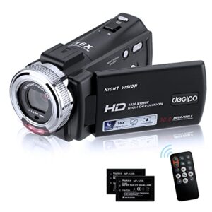 degipo video camera 1080p 30fps camcorder digital camera recorder full hd 30mp 3.0 inch 270 degree rotation lcd 16x digital zoom night vision camcorder camera with 2 batteries(black)