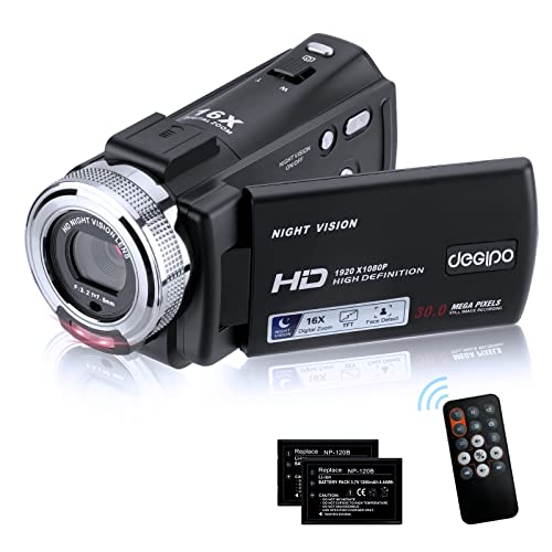 DEGIPO Video Camera 1080P 30FPS Camcorder Digital Camera Recorder Full HD 30MP 3.0 Inch 270 Degree Rotation LCD 16X Digital Zoom Night Vision Camcorder Camera with 2 Batteries(Black)