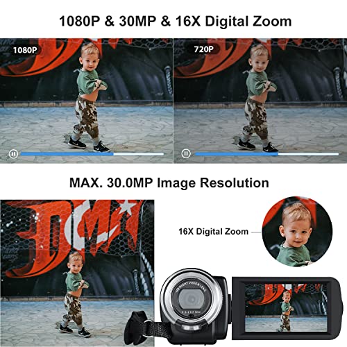 DEGIPO Video Camera 1080P 30FPS Camcorder Digital Camera Recorder Full HD 30MP 3.0 Inch 270 Degree Rotation LCD 16X Digital Zoom Night Vision Camcorder Camera with 2 Batteries(Black)