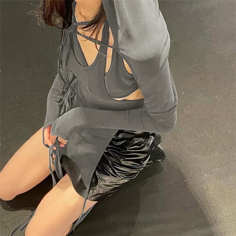 Fairy Grunge Clothes Long Sleeve Hooded Crop Top Y2k Aesthetic Clothing Cyberpunk Trendy Sexy T Shirts for Women (Gray,One Size)