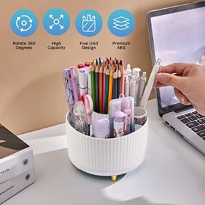 WNING Pen Holder for Desk, Pencil Holder,5 Slots 360° Degree Rotating Desk Organizers and Accessories, Cute Pen Cup Pot for Office, School, Home, Art Supply (white)