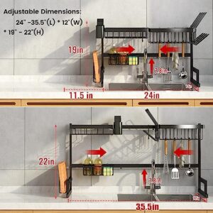 ilvvan Over Sink Dish Drying Rack (Expandable Height/Length) Snap-On Design Large Dish Drainer Stainless Steel Storage Counter Organizer (24" - 35.5"(L) x 12"(W) x 19" - 22"(H))