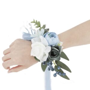 Ansofi Set of 6 Dusty Blue Wrist Corsages for Wedding, Corsage Wristlet Bracelet Hand Flower for Boho French Rustic Wedding Ceremony, Anniversary Prom Homecoming Formal Dinner Party