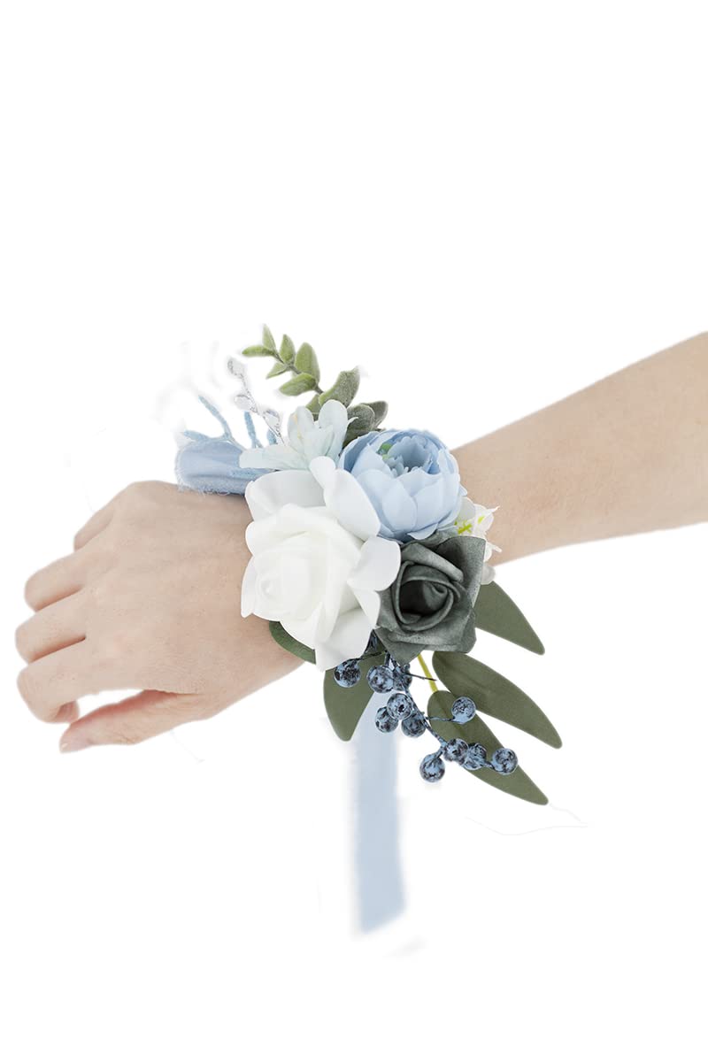 Ansofi Set of 6 Dusty Blue Wrist Corsages for Wedding, Corsage Wristlet Bracelet Hand Flower for Boho French Rustic Wedding Ceremony, Anniversary Prom Homecoming Formal Dinner Party