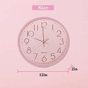 JUSTUP Round Wall Clock, 12 Inch Pink Large Wall Clock for Bedroom, Quality Quartz Modern Silent Clock with Battery Operated, Arabic Quiet Wall Clock Decor for Home Kitchen Living Room Office (Pink)