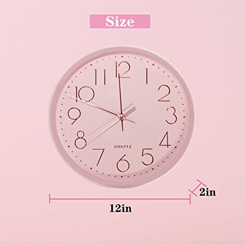 JUSTUP Round Wall Clock, 12 Inch Pink Large Wall Clock for Bedroom, Quality Quartz Modern Silent Clock with Battery Operated, Arabic Quiet Wall Clock Decor for Home Kitchen Living Room Office (Pink)