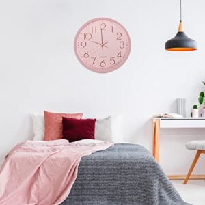 JUSTUP Round Wall Clock, 12 Inch Pink Large Wall Clock for Bedroom, Quality Quartz Modern Silent Clock with Battery Operated, Arabic Quiet Wall Clock Decor for Home Kitchen Living Room Office (Pink)