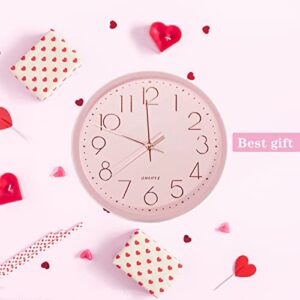 JUSTUP Round Wall Clock, 12 Inch Pink Large Wall Clock for Bedroom, Quality Quartz Modern Silent Clock with Battery Operated, Arabic Quiet Wall Clock Decor for Home Kitchen Living Room Office (Pink)