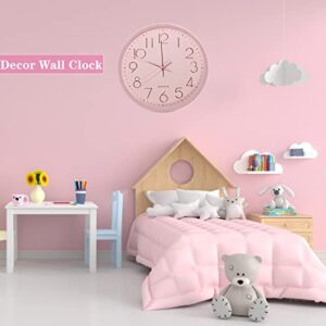 JUSTUP Round Wall Clock, 12 Inch Pink Large Wall Clock for Bedroom, Quality Quartz Modern Silent Clock with Battery Operated, Arabic Quiet Wall Clock Decor for Home Kitchen Living Room Office (Pink)