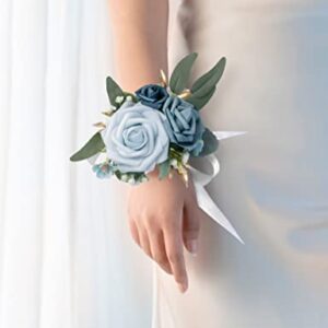 YSOJMAN Set of 2 Wrist Corsage Wristlet for Wedding Bridesmaid Mother Grandmother for Bridal Shower Wedding Artificial Roses Flower Prom (Dusty Blue)