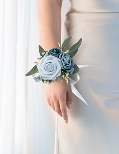 YSOJMAN Set of 2 Wrist Corsage Wristlet for Wedding Bridesmaid Mother Grandmother for Bridal Shower Wedding Artificial Roses Flower Prom (Dusty Blue)