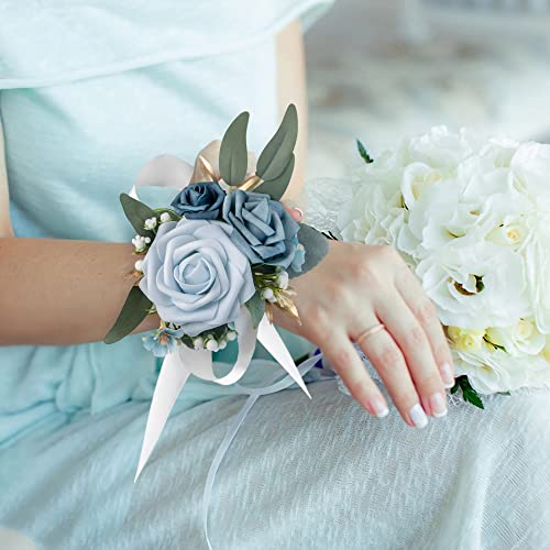 YSOJMAN Set of 2 Wrist Corsage Wristlet for Wedding Bridesmaid Mother Grandmother for Bridal Shower Wedding Artificial Roses Flower Prom (Dusty Blue)