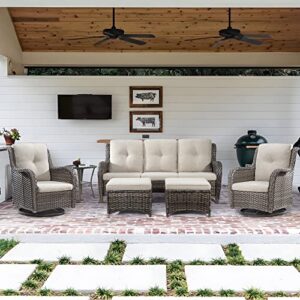 MeetLeisure Wicker Patio Furniture Set 6 Piece Set with 1 Three-Seat Sofa, 2 Swivel Rocker Chairs, 2 Ottomans and 1 Side Table, Outdoor Furniture Patio Conversation Sets(Mixed Grey/Beige)