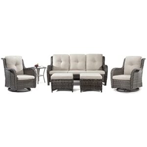 MeetLeisure Wicker Patio Furniture Set 6 Piece Set with 1 Three-Seat Sofa, 2 Swivel Rocker Chairs, 2 Ottomans and 1 Side Table, Outdoor Furniture Patio Conversation Sets(Mixed Grey/Beige)