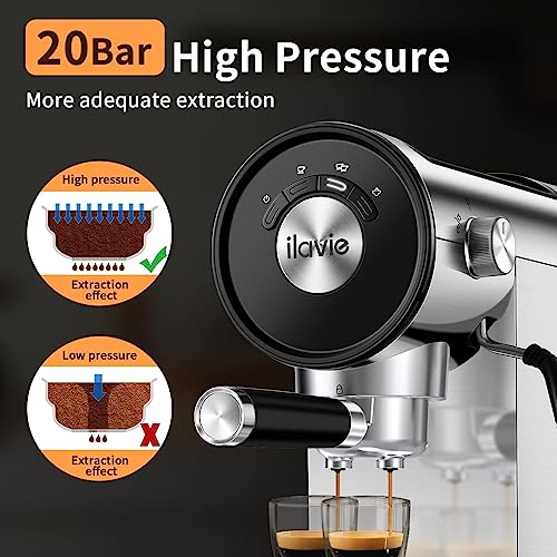 ILAVIE Espresso Coffee Machine, 20 Bar Espresso Machine with Steamer, Compact Espresso Maker with Milk Frother for Home, Stainless Steel Cappuccino Machine for Cappuccino, Latte, 1250W