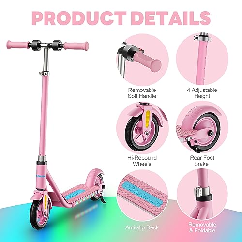 Kids Electric Scooter Ages 6-12 Gobazaar, Colorful LED Lights, Up to 8-10 MPH & 7.5 Miles,150W Electric Scooter for Kids with 3-Speed Adjustment,4-Height (Pink)