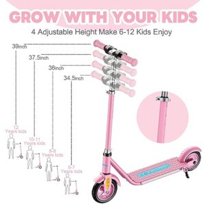 Kids Electric Scooter Ages 6-12 Gobazaar, Colorful LED Lights, Up to 8-10 MPH & 7.5 Miles,150W Electric Scooter for Kids with 3-Speed Adjustment,4-Height (Pink)