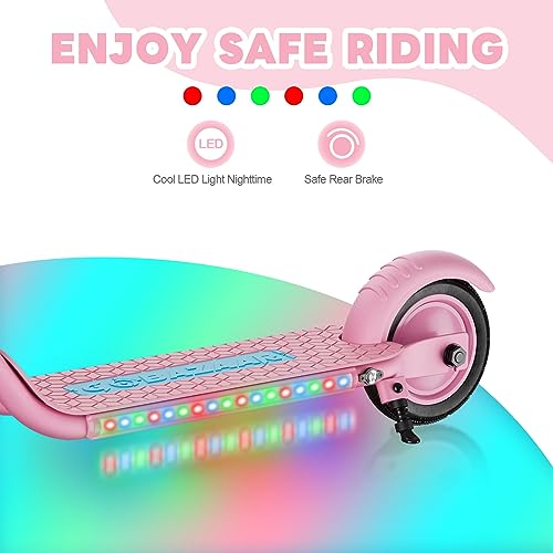 Kids Electric Scooter Ages 6-12 Gobazaar, Colorful LED Lights, Up to 8-10 MPH & 7.5 Miles,150W Electric Scooter for Kids with 3-Speed Adjustment,4-Height (Pink)