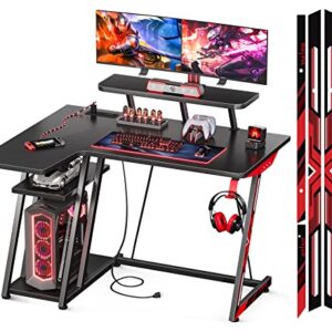 MOTPK Gaming Desk with Power Outlet, L Shaped with PC Shelf, Gaming Table Desk with Monitor Shelf, Gamer Desk with Carbon Fiber Texture, Desk Gaming Computer Desk, Black, 39 Inch