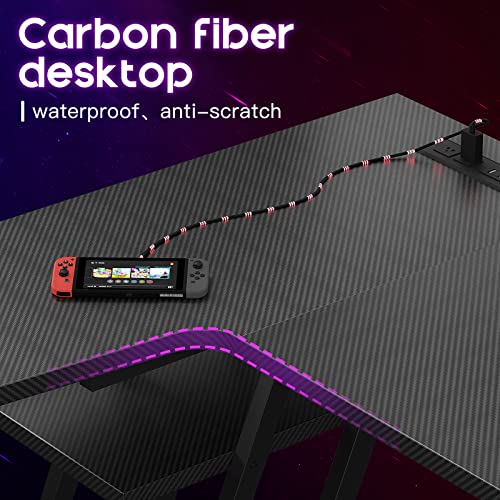 MOTPK Gaming Desk with Power Outlet, L Shaped with PC Shelf, Gaming Table Desk with Monitor Shelf, Gamer Desk with Carbon Fiber Texture, Desk Gaming Computer Desk, Black, 39 Inch