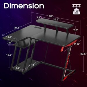 MOTPK Gaming Desk with Power Outlet, L Shaped with PC Shelf, Gaming Table Desk with Monitor Shelf, Gamer Desk with Carbon Fiber Texture, Desk Gaming Computer Desk, Black, 39 Inch