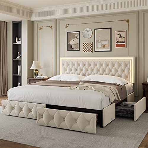 Keyluv Queen Upholstered LED Bed Frame with 4 Drawers, Velvet Platform Storage Bed with Adjustable Button Tufted Headboard and Solid Wooden Slats Support, No Box Spring Needed, Beige