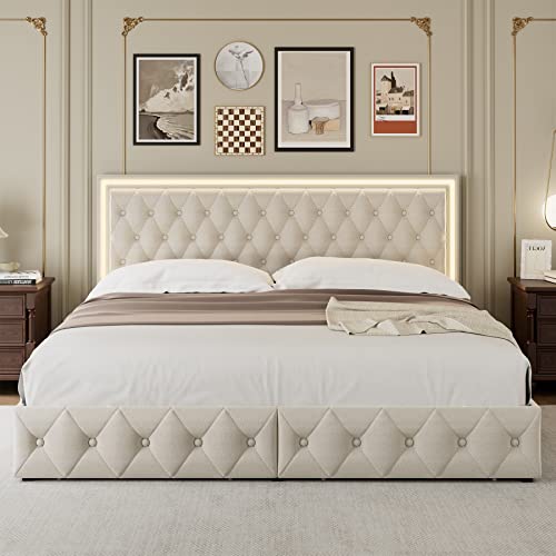 Keyluv Queen Upholstered LED Bed Frame with 4 Drawers, Velvet Platform Storage Bed with Adjustable Button Tufted Headboard and Solid Wooden Slats Support, No Box Spring Needed, Beige