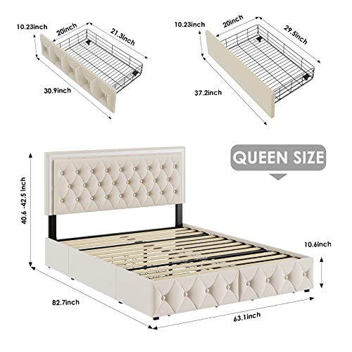 Keyluv Queen Upholstered LED Bed Frame with 4 Drawers, Velvet Platform Storage Bed with Adjustable Button Tufted Headboard and Solid Wooden Slats Support, No Box Spring Needed, Beige