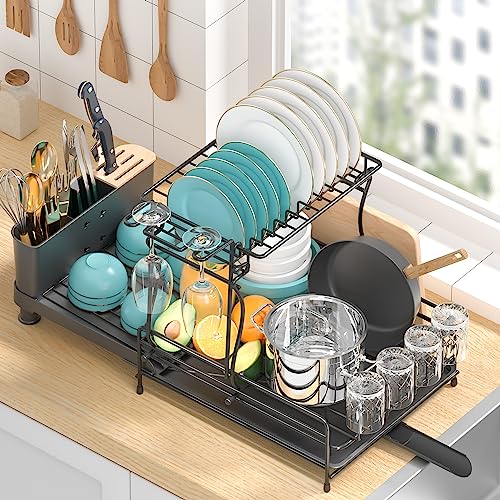 ACMETOP Dish Drying Rack, Expandable 2 Tier Large Dish Rack for Kitchen Counter, Rustproof Dish Dryer Rack with Drainboard, Cutlery & Cup Holders, Dish Drainer for Dishes, Knives, Spoon, Black