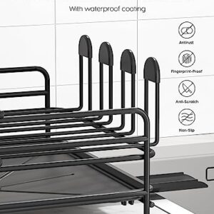 ACMETOP Dish Drying Rack, Expandable 2 Tier Large Dish Rack for Kitchen Counter, Rustproof Dish Dryer Rack with Drainboard, Cutlery & Cup Holders, Dish Drainer for Dishes, Knives, Spoon, Black