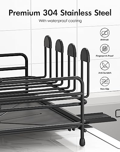 ACMETOP Dish Drying Rack, Expandable 2 Tier Large Dish Rack for Kitchen Counter, Rustproof Dish Dryer Rack with Drainboard, Cutlery & Cup Holders, Dish Drainer for Dishes, Knives, Spoon, Black