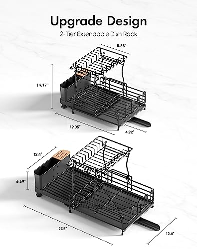 ACMETOP Dish Drying Rack, Expandable 2 Tier Large Dish Rack for Kitchen Counter, Rustproof Dish Dryer Rack with Drainboard, Cutlery & Cup Holders, Dish Drainer for Dishes, Knives, Spoon, Black