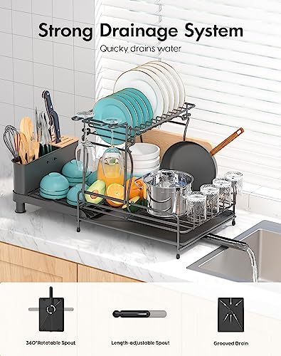 ACMETOP Dish Drying Rack, Expandable 2 Tier Large Dish Rack for Kitchen Counter, Rustproof Dish Dryer Rack with Drainboard, Cutlery & Cup Holders, Dish Drainer for Dishes, Knives, Spoon, Black