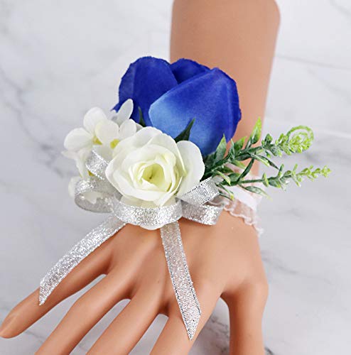 Ykybhx 2PCS Wrist Flower and Corsage Rose Wrist Corsage Boutonniere Set Wrist Flower Corsage Wristlet Band Bracelets and Men's Boutonniere for Groom Groomsman Brides Wedding Prom Party Decor,03