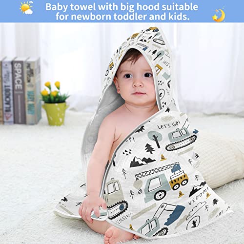 Ceiurey Excavator Truck Baby Boys Girls Bath Towel White Blue Car Hooded Towels Newborn Toddlers Organic Cotton Washcloths Shower Beach Towel 30 x 30 Inch