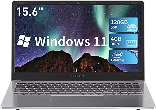 SGIN Laptop 15.6 Inch 4GB DDR4 128GB SSD, Windows 11 Laptop with Intel Celeron, up to 2.8GHz, Mini HDMI, 2.4/5.0G WiFi, 2 x USB 3.0, Expandable Storage 512GB TF(Sliver)