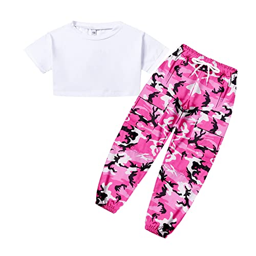 SANGTREE Girls Clothes 2 Piece Set, White Short Sleeve Crop Tops + Purple Camo Cargo Jogger Pants Clothes, 7-8 Years = Tag 140