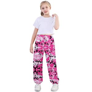 SANGTREE Girls Clothes 2 Piece Set, White Short Sleeve Crop Tops + Purple Camo Cargo Jogger Pants Clothes, 7-8 Years = Tag 140