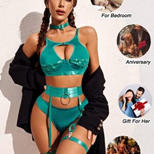 Avidlove Garter Lingerie Set for Women Sexy Push Up Lingerie Set 5 Piece Bondaged Lingerie Set Strappy Lingerie Set Blue Green