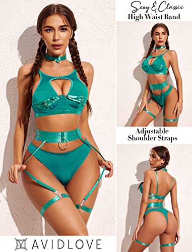 Avidlove Garter Lingerie Set for Women Sexy Push Up Lingerie Set 5 Piece Bondaged Lingerie Set Strappy Lingerie Set Blue Green