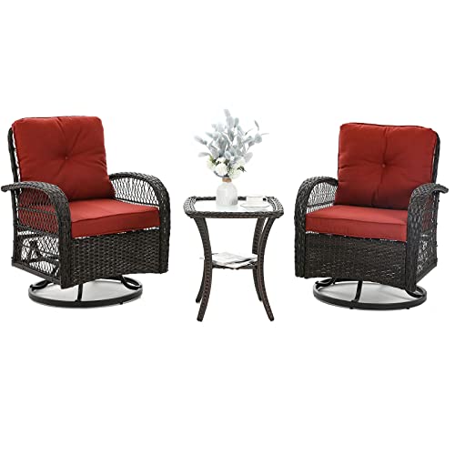 VONZOY 3 Pieces Patio Furniture Set, Outdoor Swivel Glider Rocker, Wicker Patio Bistro Set with Rocking Chair, Thickened Cushions and Table for Porch (Red)