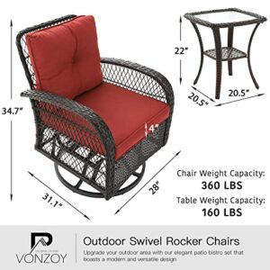 VONZOY 3 Pieces Patio Furniture Set, Outdoor Swivel Glider Rocker, Wicker Patio Bistro Set with Rocking Chair, Thickened Cushions and Table for Porch (Red)