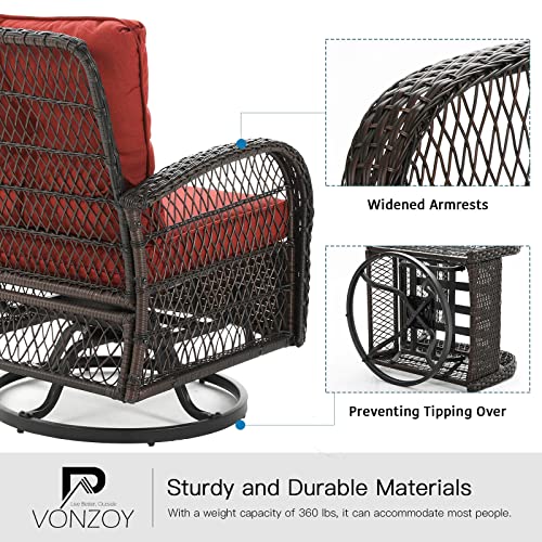 VONZOY 3 Pieces Patio Furniture Set, Outdoor Swivel Glider Rocker, Wicker Patio Bistro Set with Rocking Chair, Thickened Cushions and Table for Porch (Red)