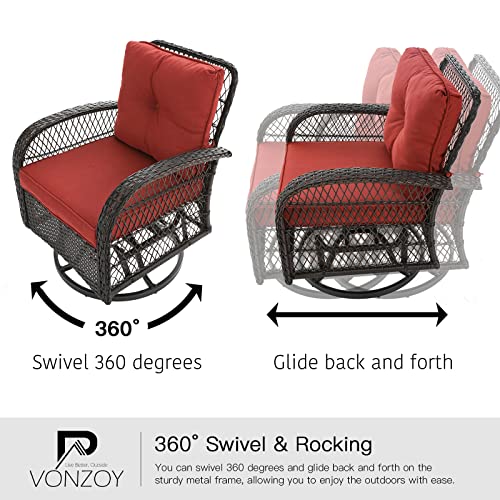 VONZOY 3 Pieces Patio Furniture Set, Outdoor Swivel Glider Rocker, Wicker Patio Bistro Set with Rocking Chair, Thickened Cushions and Table for Porch (Red)