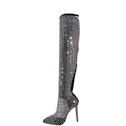 onlymaker Women's Rhinestone Over the Knee Boots Pointed Toe High Heel Back Zipper Studded Stretch Sexy Thigh High Boots Black Size 8