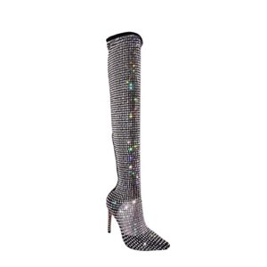 onlymaker Women's Rhinestone Over the Knee Boots Pointed Toe High Heel Back Zipper Studded Stretch Sexy Thigh High Boots Black Size 8