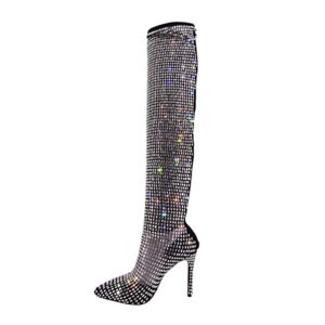 onlymaker Women's Rhinestone Over the Knee Boots Pointed Toe High Heel Back Zipper Studded Stretch Sexy Thigh High Boots Black Size 8