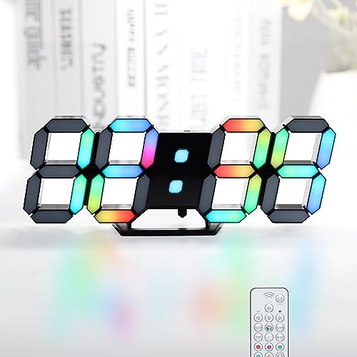 LED Digital Clock Neon Clock 9.7" Black Gaming Clock RGB LED Wall Clock for Living Room Desk Clock Large Display Aesthetic Clock for Bedroom, Colorful Rainbow Number Clock with Remote Control KOSUMOSU