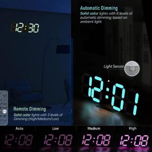 LED Digital Clock Neon Clock 9.7" Black Gaming Clock RGB LED Wall Clock for Living Room Desk Clock Large Display Aesthetic Clock for Bedroom, Colorful Rainbow Number Clock with Remote Control KOSUMOSU